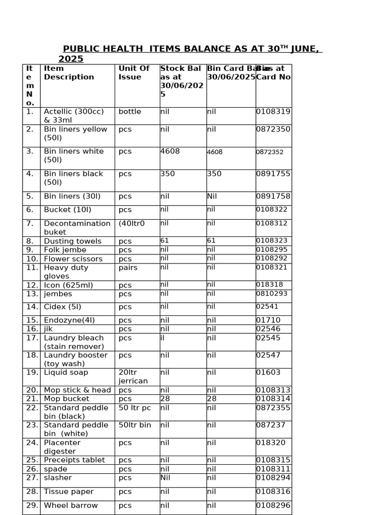 Public Health Items Balance As at 30th June | PDF