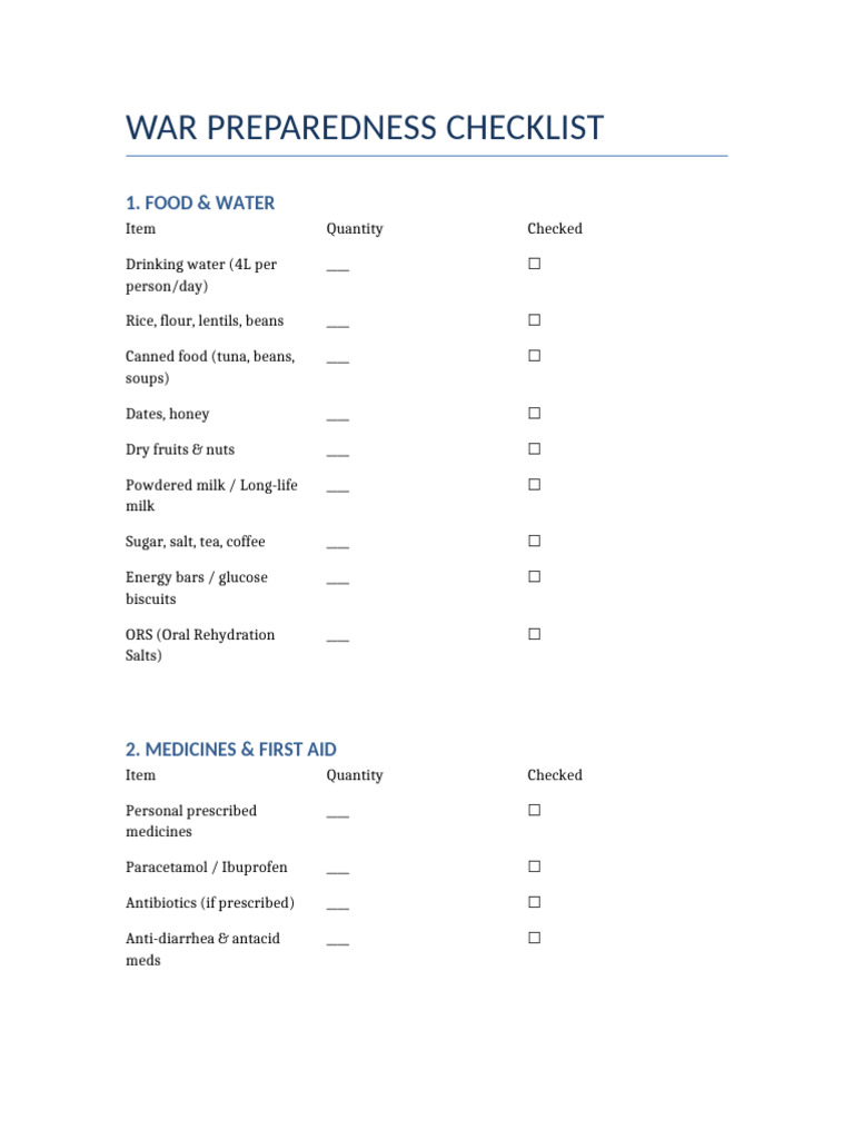 War Preparedness Checklist | PDF