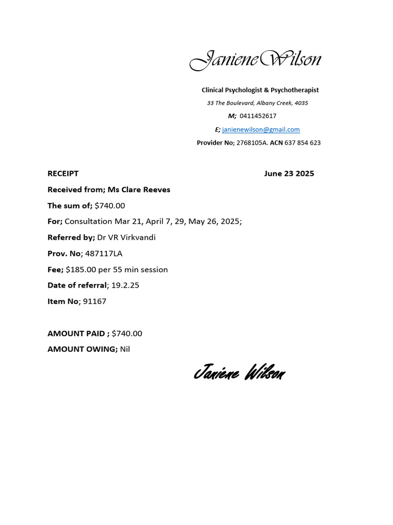 Receipt for Clare Reeves' Consultation | PDF