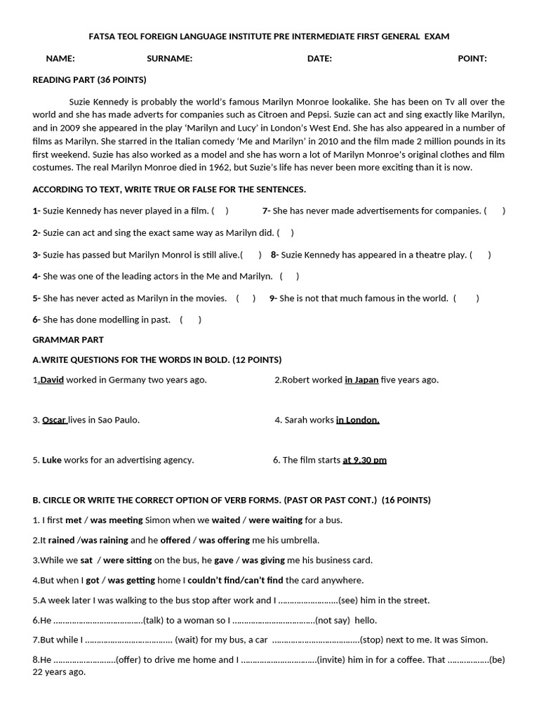 Pre-Intermediate English Exam Guide | PDF | Linguistics