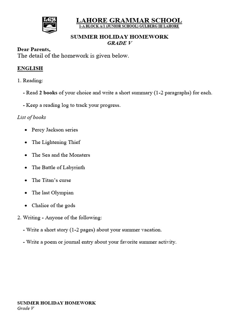 Grade V Summer Homework Guide | PDF
