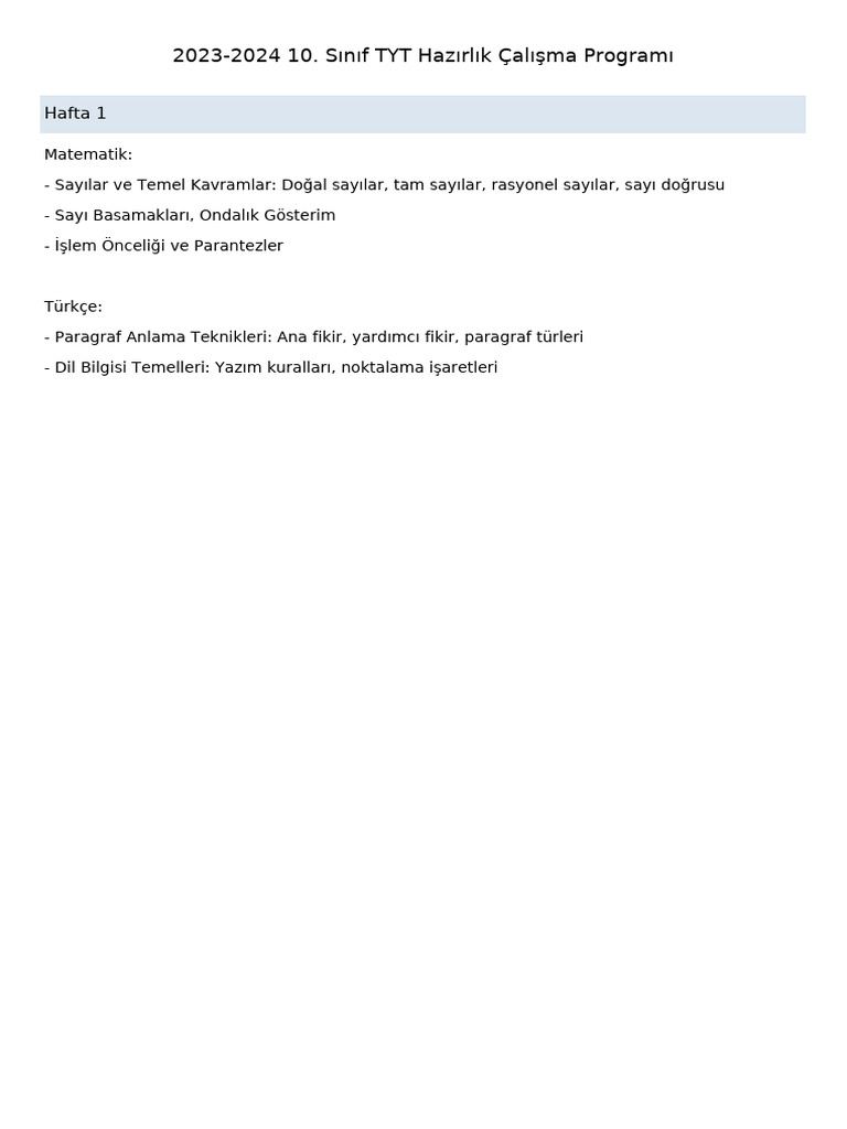 10 Sinif Tyt Calisma Programi Turkce Font | PDF