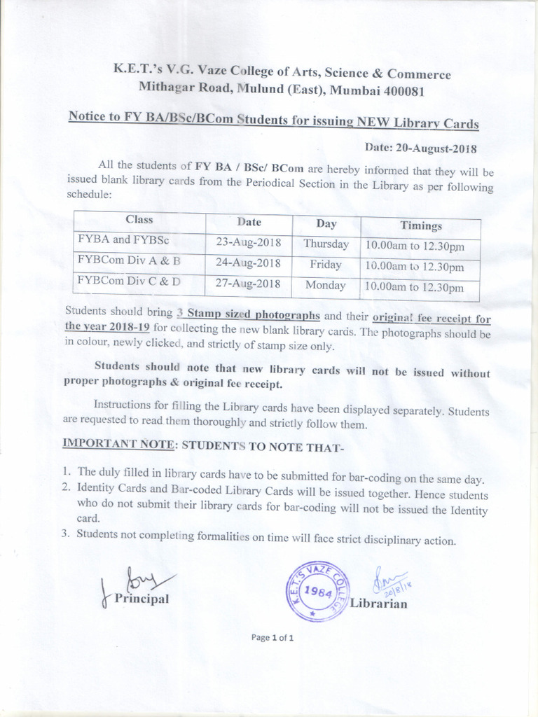 20-08-18 Notice To Fy Ba BSC Bcom Students For Collecting Blank Library Cards | PDF