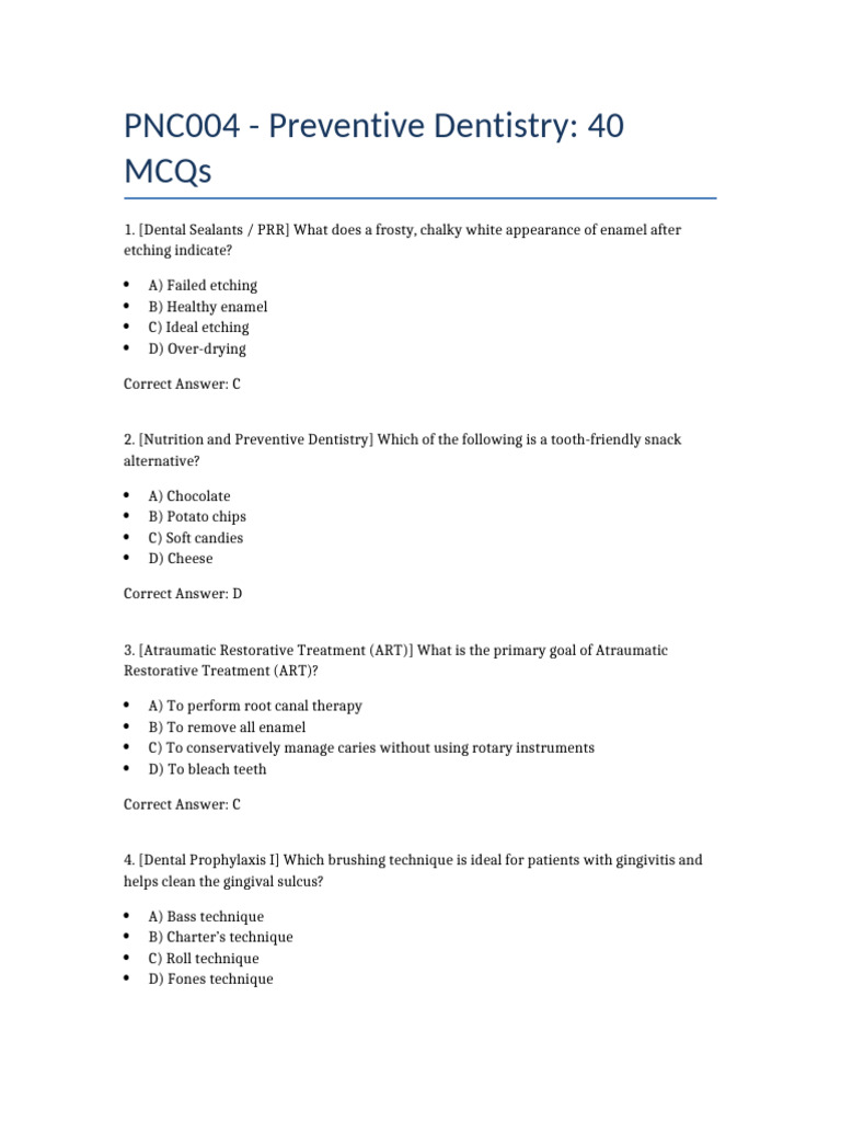 Preventive Dentistry MCQs and Answers | PDF | Human Tooth | Dentistry