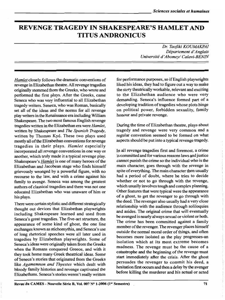 Revenge Tragedy in Shakespeare's Hamlet and Titus Andronicus | PDF ...