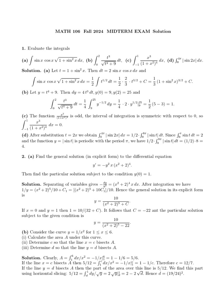 MATH 106 Fall 2024 Midterm Exam Solutions | PDF | Function (Mathematics ...