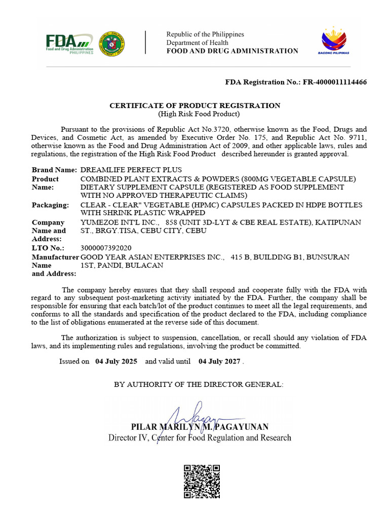 Certificate of Product Registration - 1 | PDF | Food And Drug ...