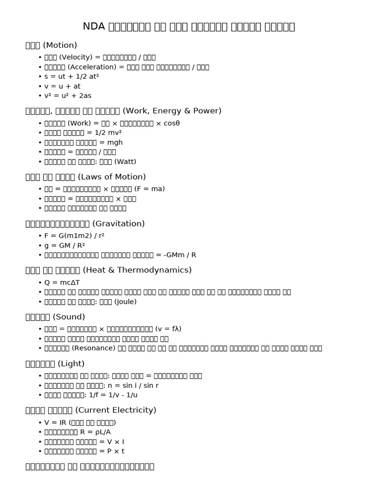 NDA Physics Formula Sheet Hindi | PDF