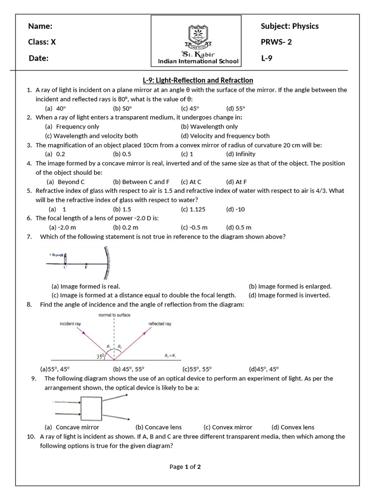 PRWS 2-Physics GR 10 (Light) | PDF | Mirror | Light