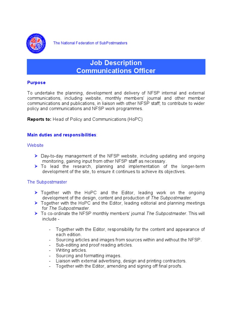 Communications Officer Job Description | PDF | Editing | Copy Editing