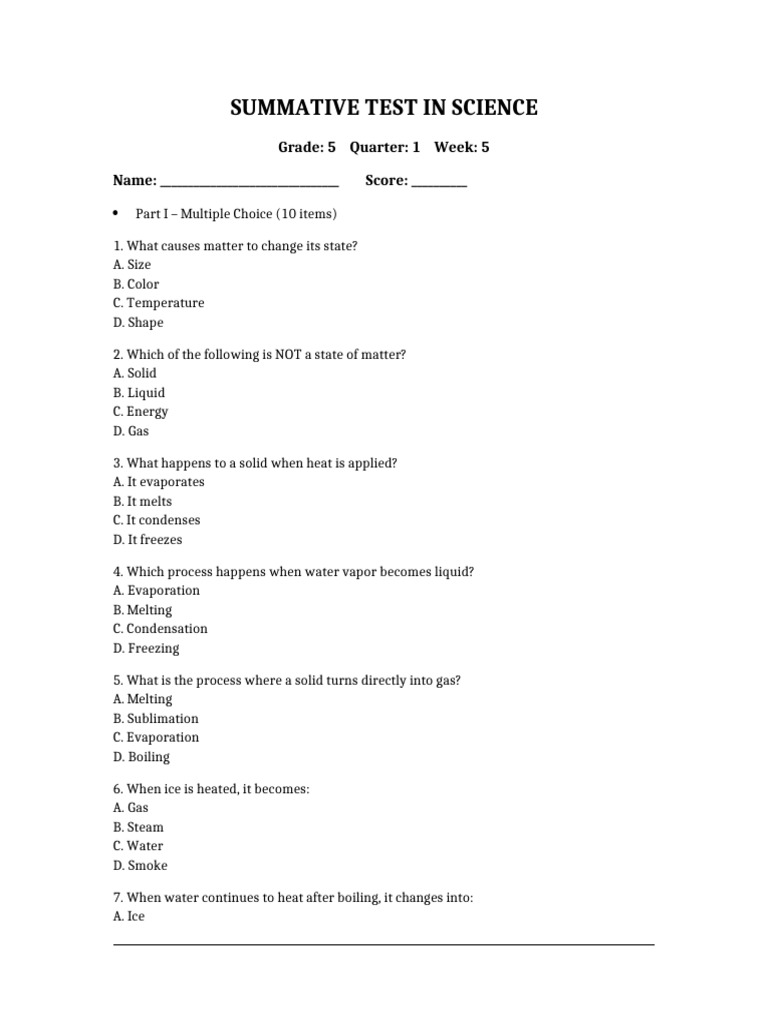 Grade 5 Science Summative Test | PDF | Liquids | Water