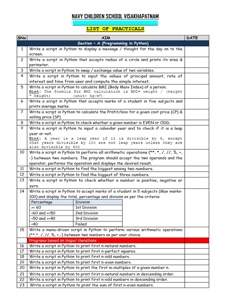 11 CS - List of Practicals (2024-25) | PDF | Body Mass Index | Python (Programming Language)