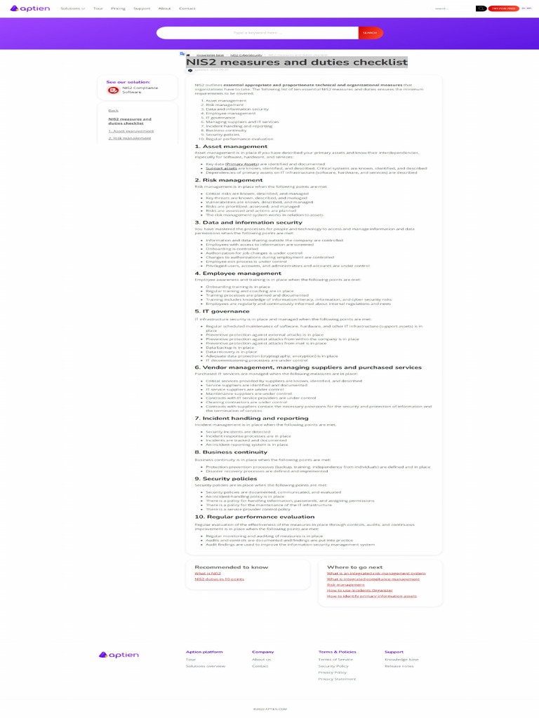 NIS2 Measures and Duties Checklist | PDF