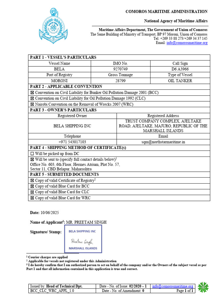 Application For BCC, WRC, CLC | PDF | Shipping | Ships