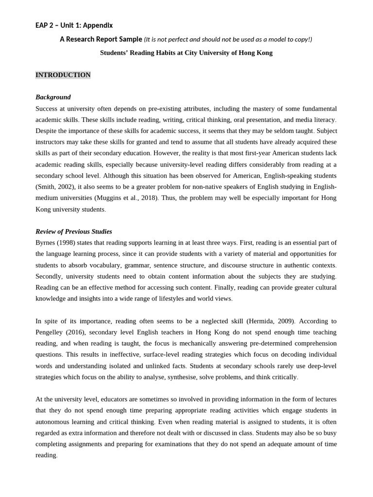 Unit 1 - Appendix - Sample Report - Student Reading Habits (Modified by FS) | PDF | English ...