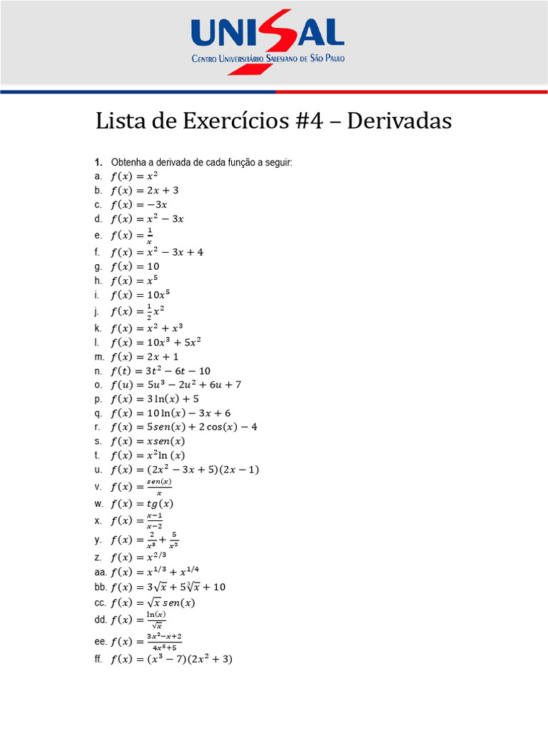 Lista 04 Derivadas | PDF