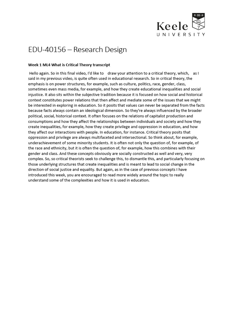 EDU40156 Research Design Week 1 ML4 Transcript | PDF