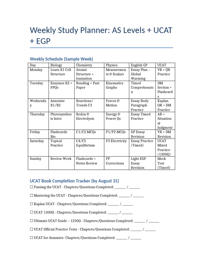 Weekly Study Planner As UCAT EGP | PDF | Chemistry | Physical Sciences