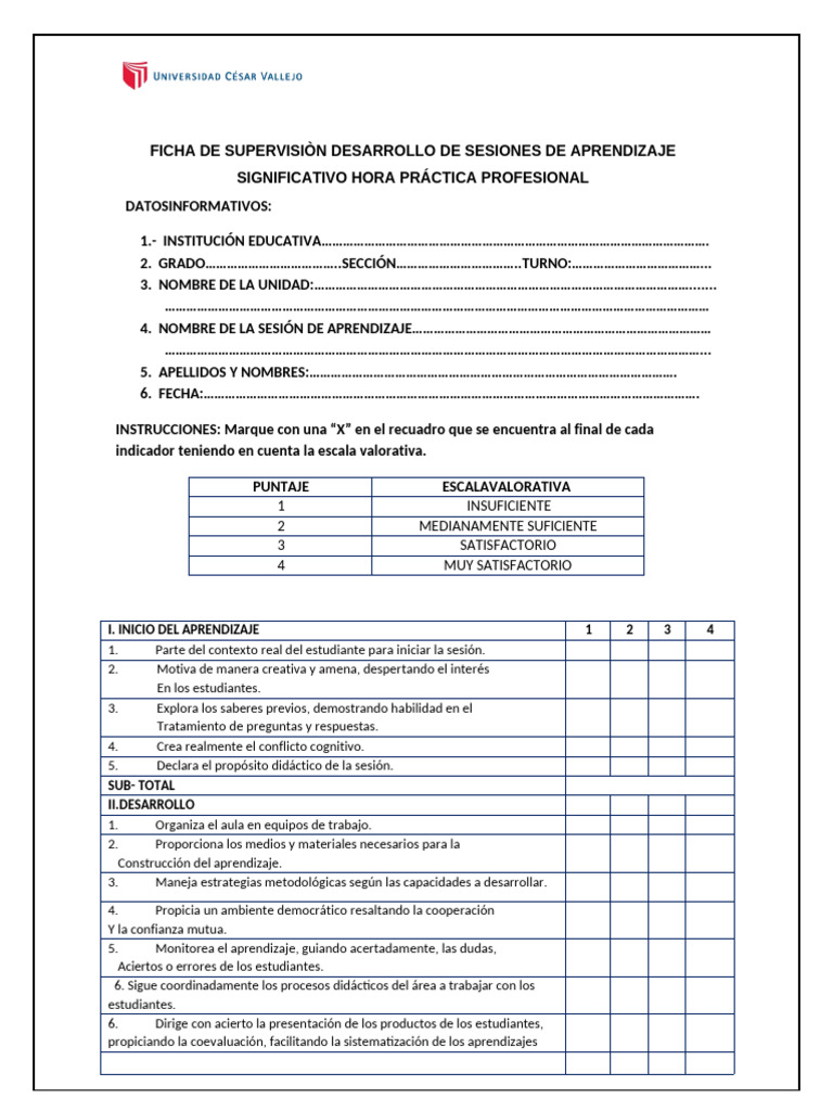 Ficha de Supervisiòn Desarrollo de Sesiones de Aprendizaje | PDF ...