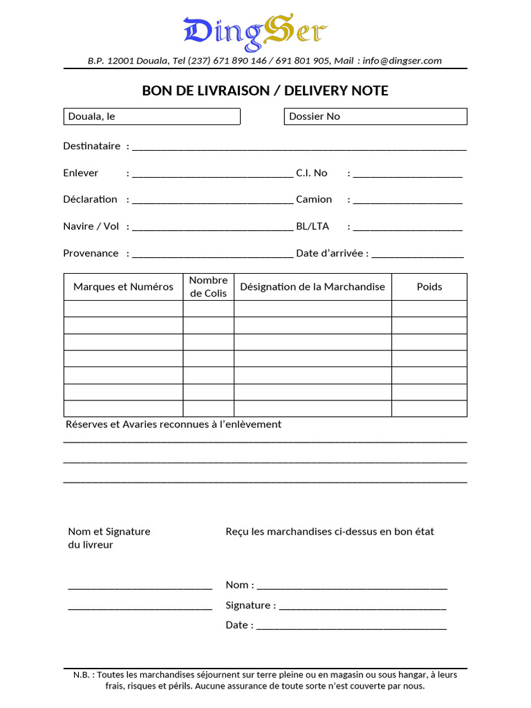 Bon de Livraison - Douala, Informations clés | PDF