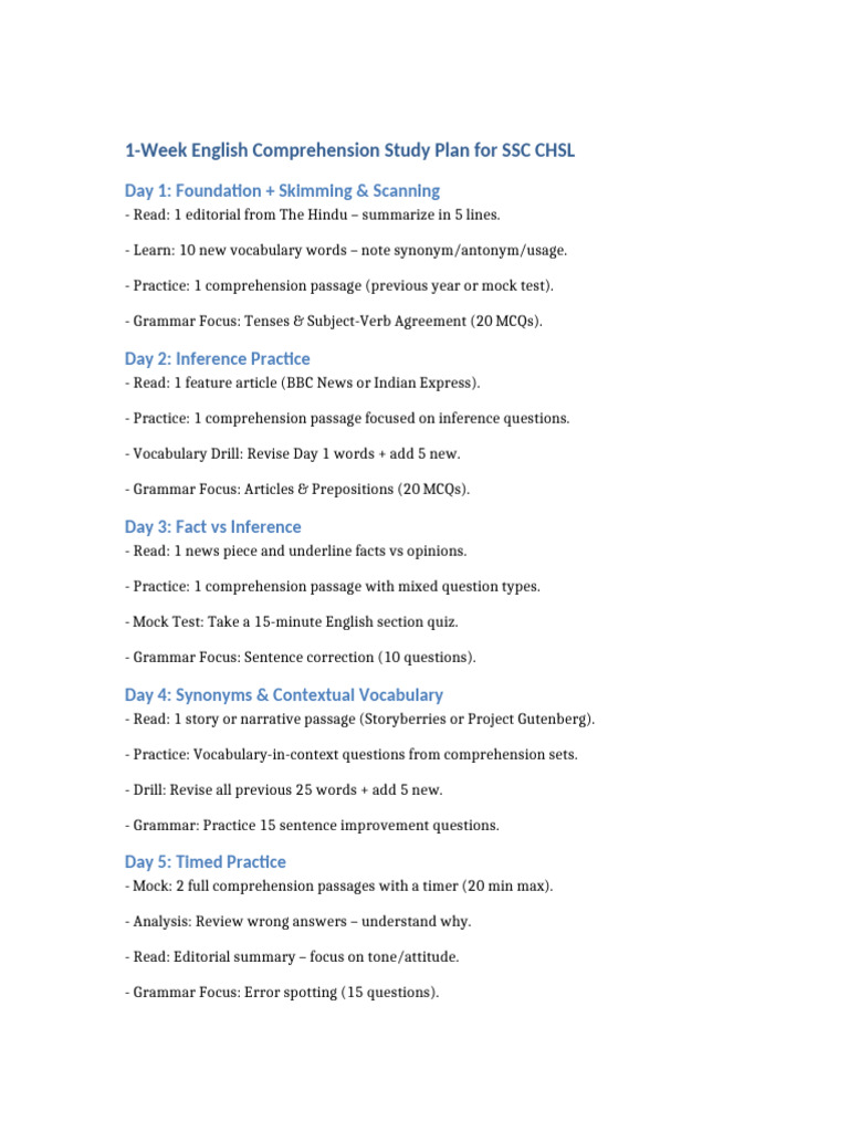 SSC CHSL English Comprehension 1 Week Plan | PDF