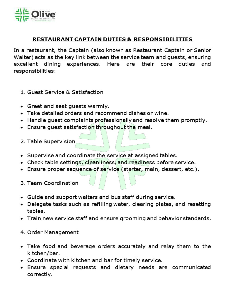 Restaurant Captain Duties & Responsibilities | PDF