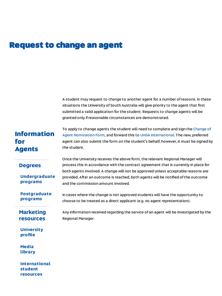Request To Change An Agent - University of South Australia | PDF