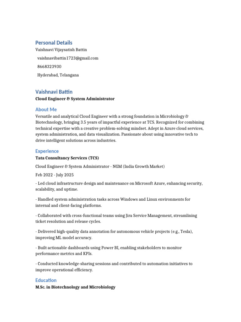Structured Resume Vaishnavi Battin | PDF