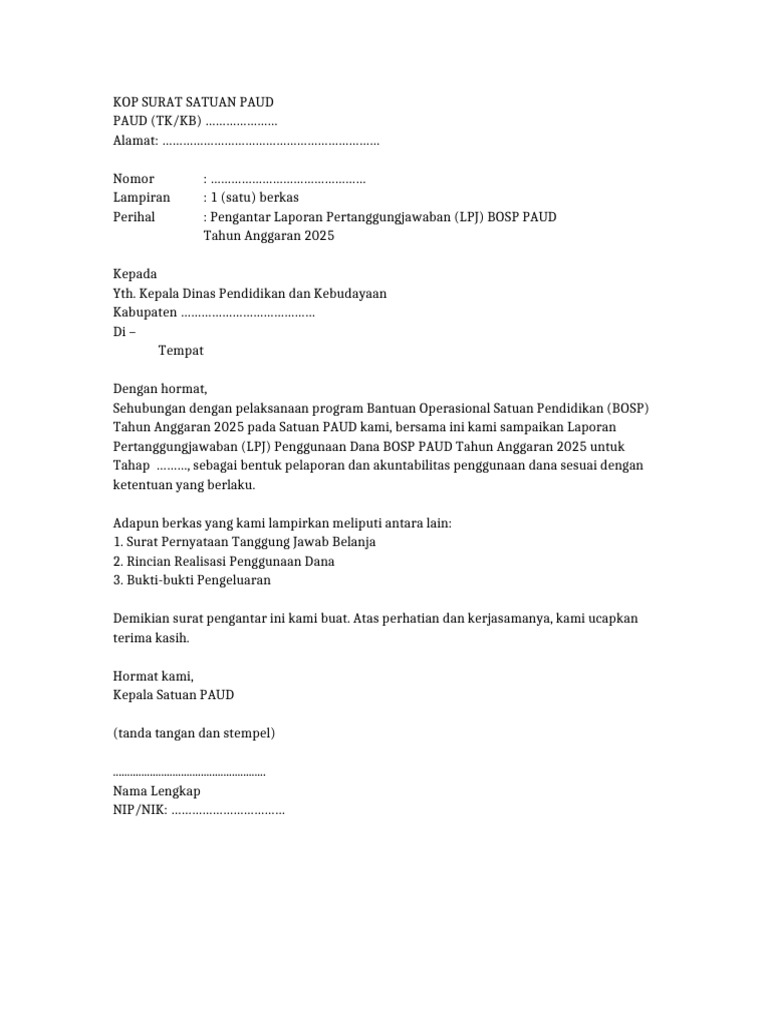 CONTOH Surat - Pengantar - LPJ - BOSP - PAUD - 2025 | PDF