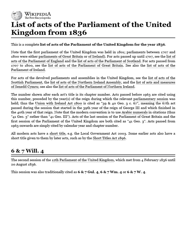 Acts of UK Parliament 1836 Summary | PDF | Act Of Parliament ...