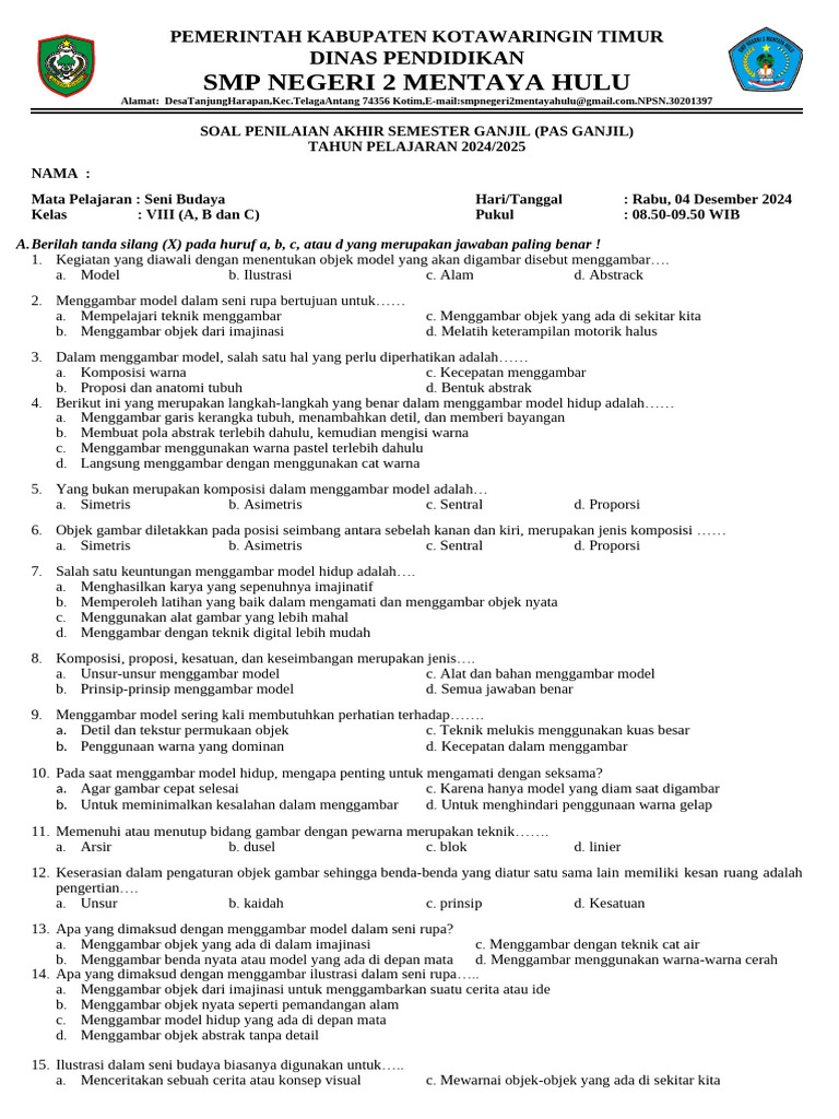 Soal PAS SBK Kelas 8 Sem. 1 (Ganjil) | PDF
