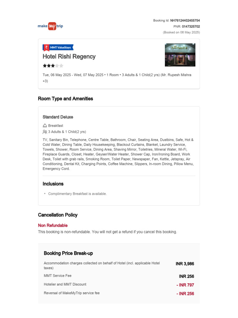 Hotel Rishi Regency Booking Details | PDF