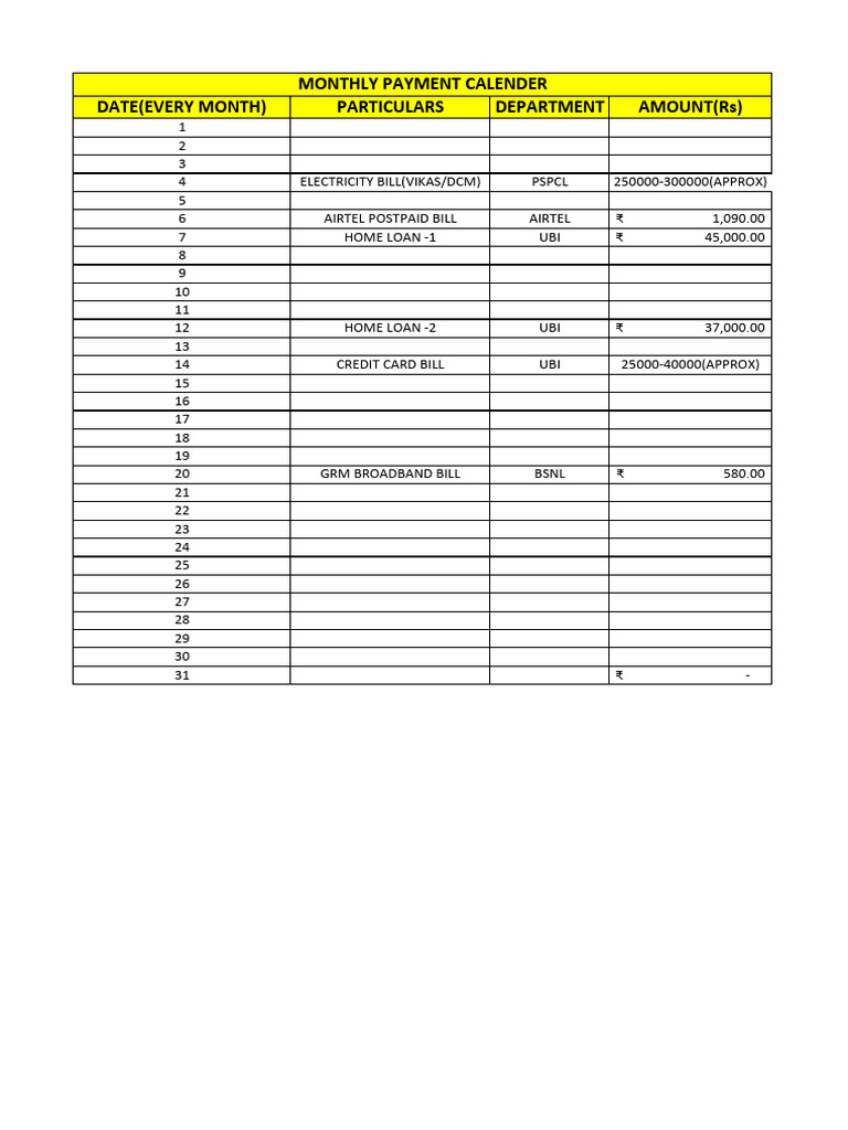 Monthly Bill Payment Schedule | PDF