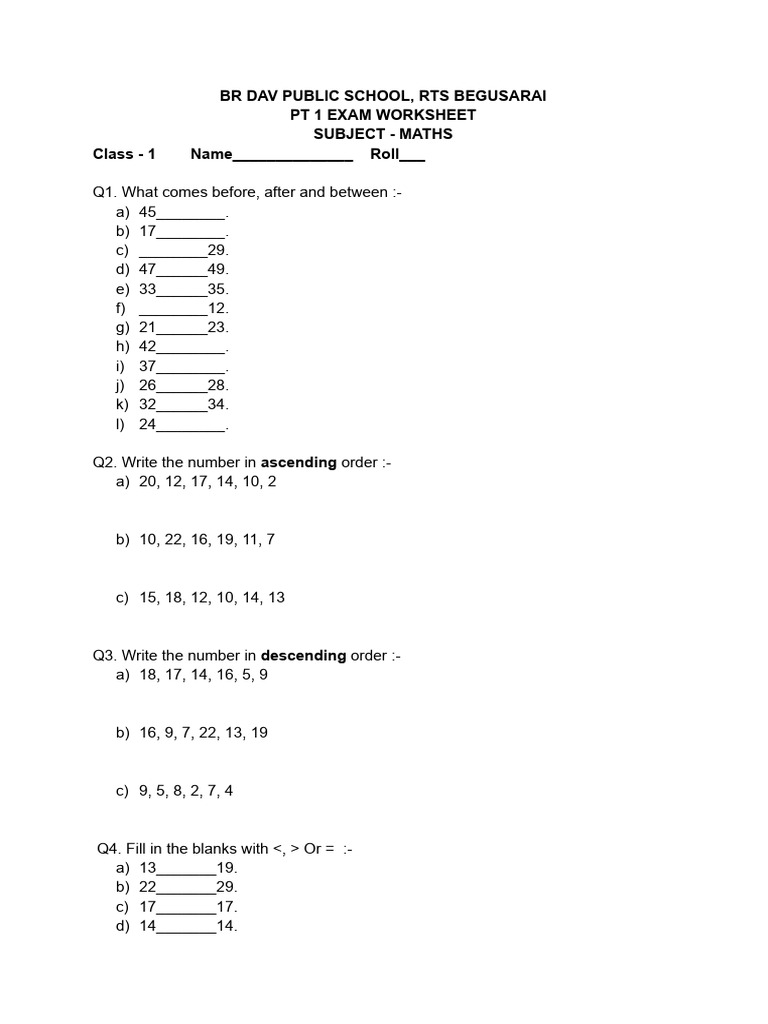 Class 1 Maths Exam Worksheet | PDF