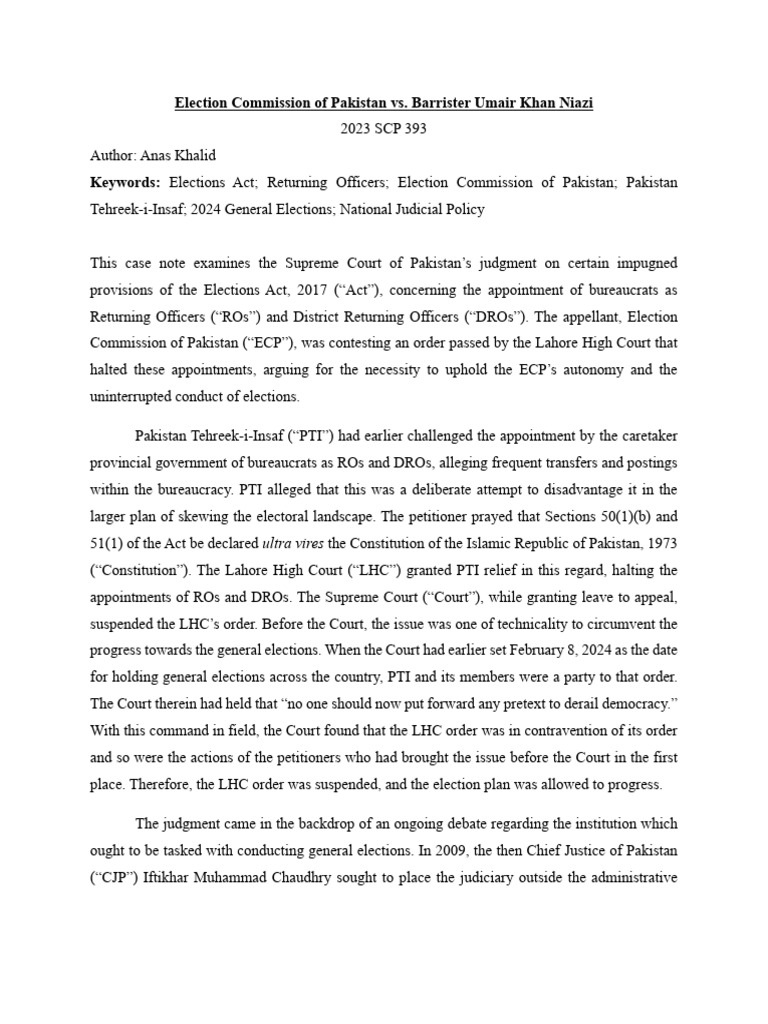 Election Commission of Pakistan vs. Barrister Umair Khan Niazi - 2023 ...