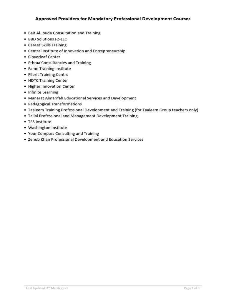 Approved Providers For Mandatory Professional Development Courses en | PDF