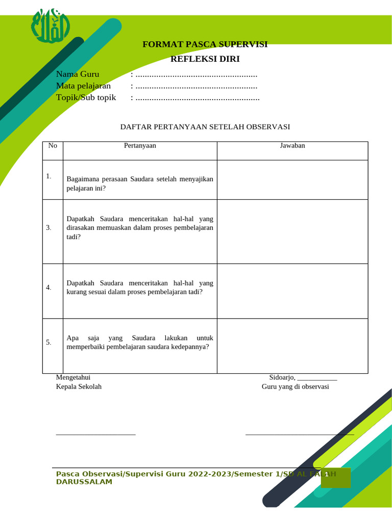 Catatan Refleksi Pasca Observasi Guru | PDF