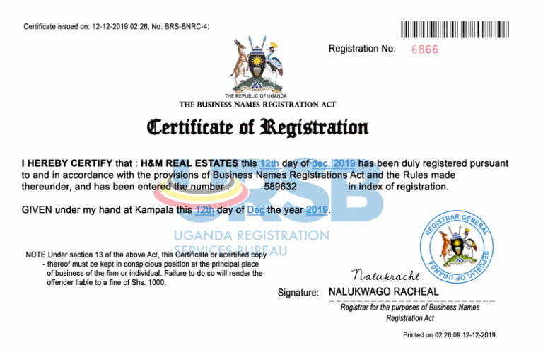H&M Real Estates Business Name Certificate | PDF