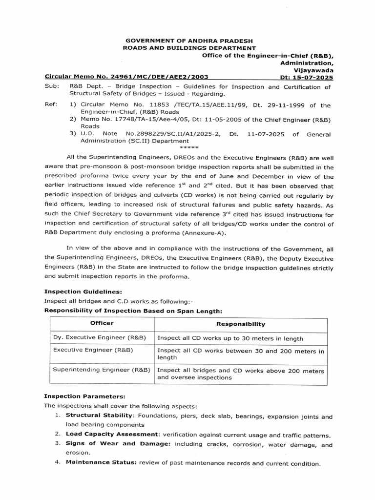 Circular Memo On Guidelines For Bridge Inspection | PDF