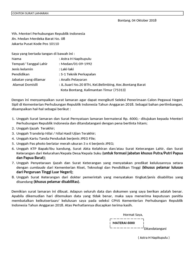 Format Surat Lamaran Dan Pernyataan Cpns Kemenhub 2018 | PDF