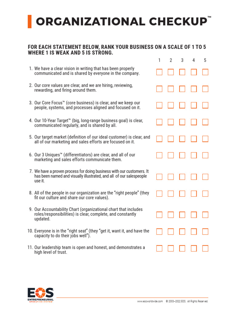 EOS Toolbox Organizational Checkup Rate Your Company | PDF | Business | Organizational Behavior