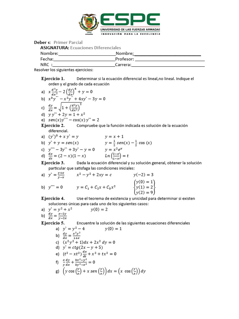 Deber1 Primer Parcial | PDF | Ecuaciones | Ecuaciones diferenciales