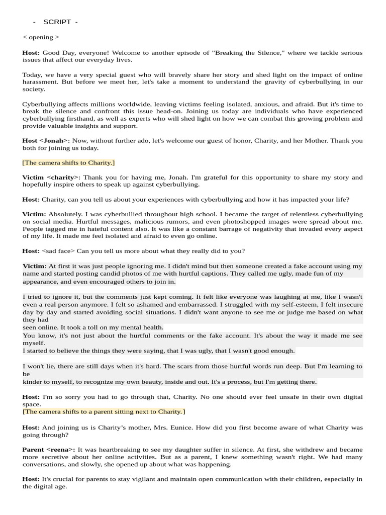 SCRIPT_Cyberbullying222,200 | PDF | Cyberbullying | Bullying