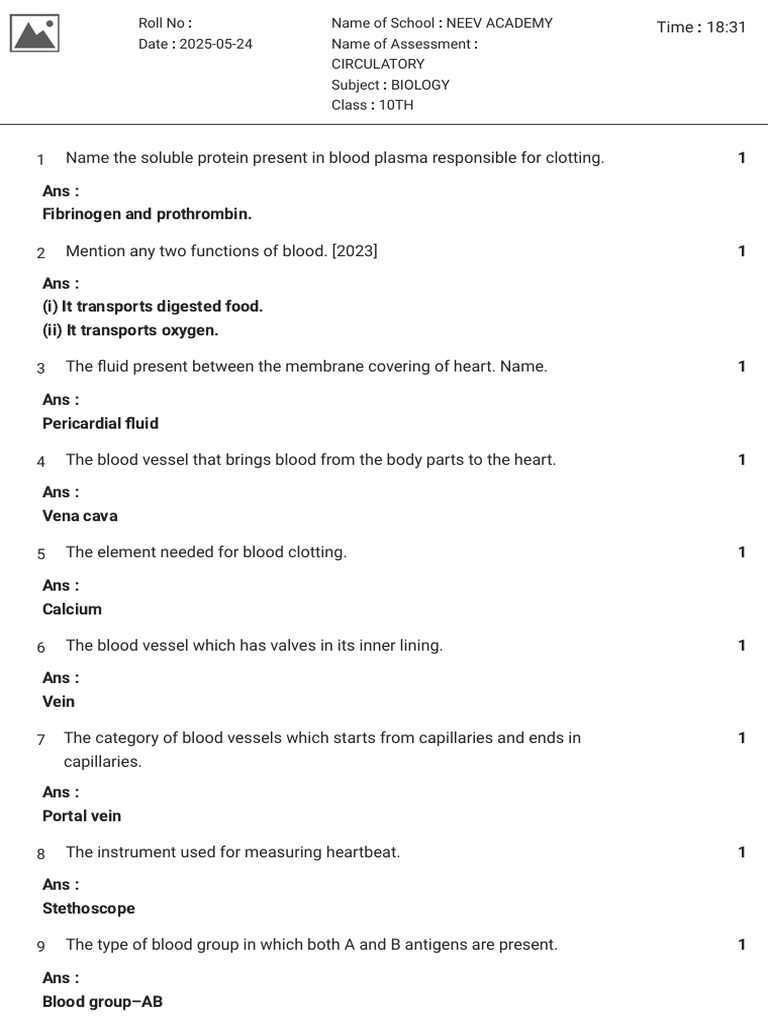 Circulatory System Ques Ans | PDF | Vein | Heart