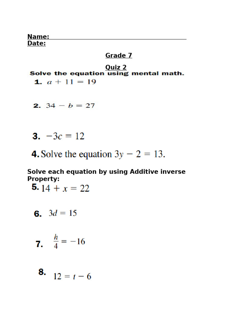 Quiz 2 / Grade 7 / Trimester 1 / Pre-Algebra | PDF