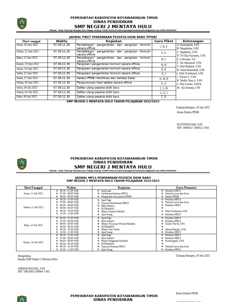 Jadwal Piket PPDB Dan Mpls 2022 Revisi | PDF