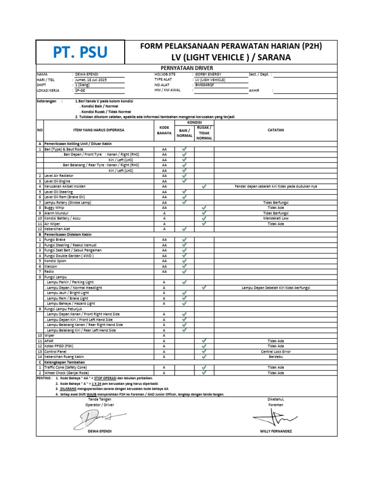 Form P2H Harian Kendaraan LV | PDF