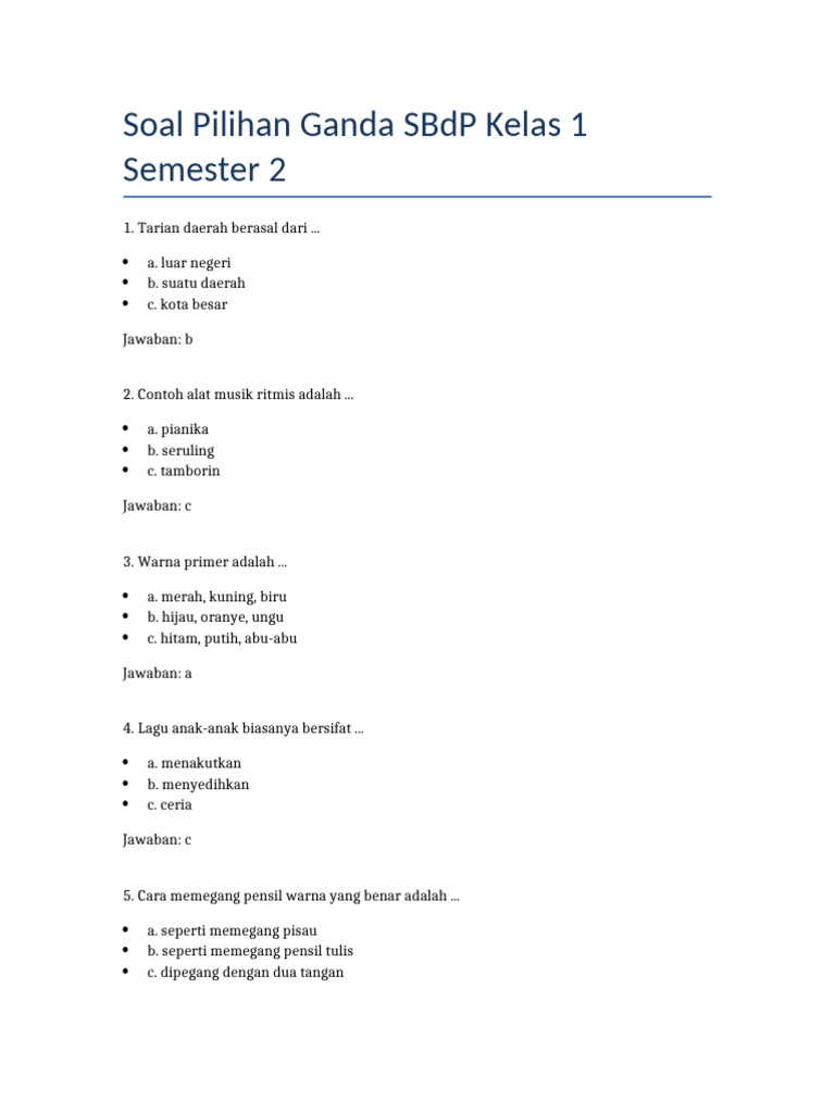 Soal SBdP Kelas 1 Semester 2 | PDF