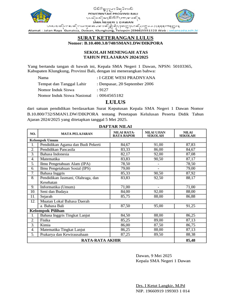 Surat Keterangan Lulus SMA 2025 | PDF