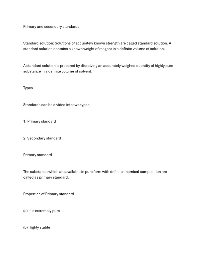 Primary & Secondary Standard Solution | PDF | Titration | Chemistry